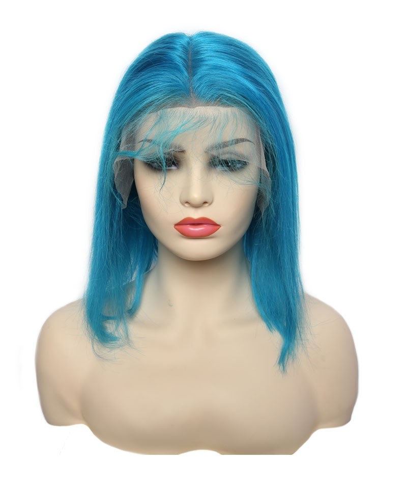 Colorful Invisible Lace Human Hair Straight Bob Wigs Bright Blue Lace ...