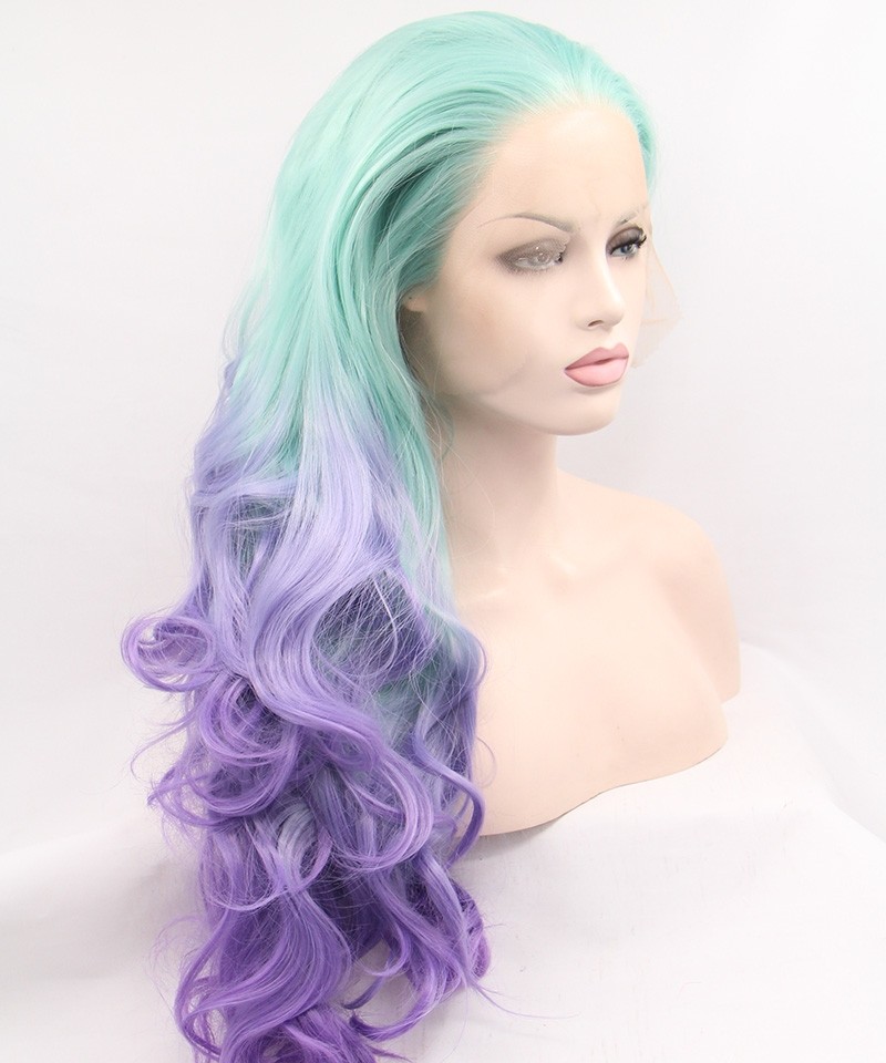 Bright Blue and Purple Ombre Long Wavy Synthetic Wig - Msbuy.com