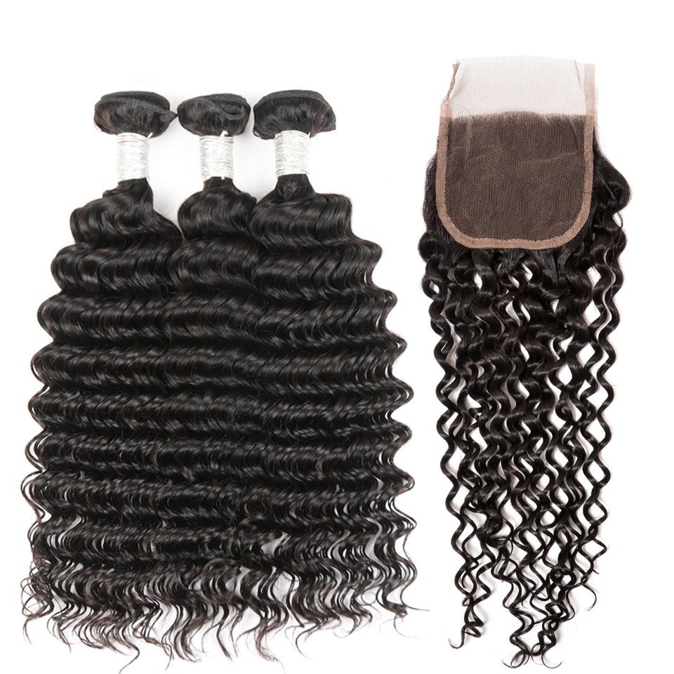 4x4 Lace Closure With 3 Bundles Free Part Brazilian Hair 100 Human